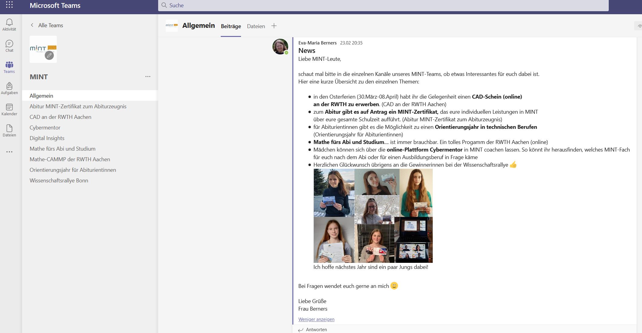 MINT-Team bei MS-Teams - Clara-Fey-Schule